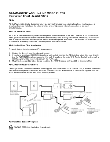 DATAMASTER ADSL In-line Micro Filter K2310 Instruction Sheet | Manualzz