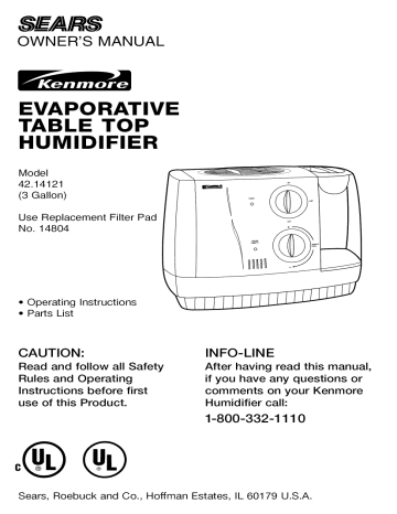 Kenmore Sears Evaporative table top Humidifier 42.14121 (3 gallon ...