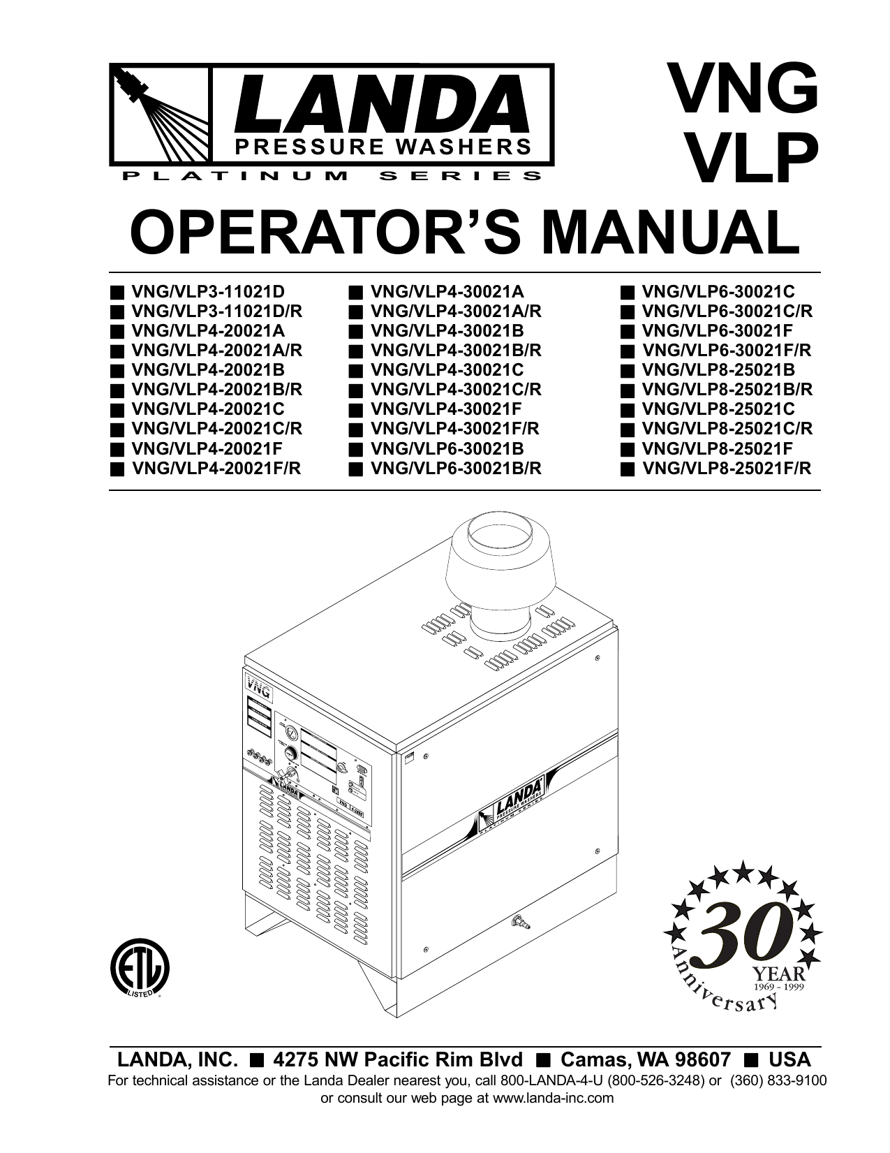 Landa VNG/VLP4-30021C/R Operator's Manual | Manualzz