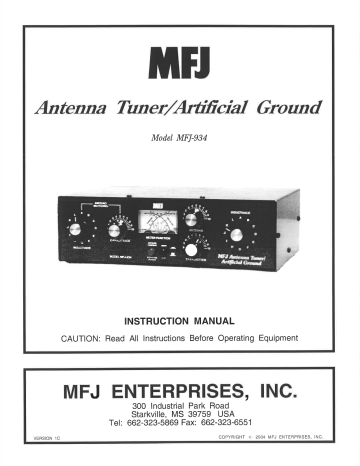 MFJ 934 - ANTENNA TUNER/ARTIFICAL GROUND, HF manual | Manualzz
