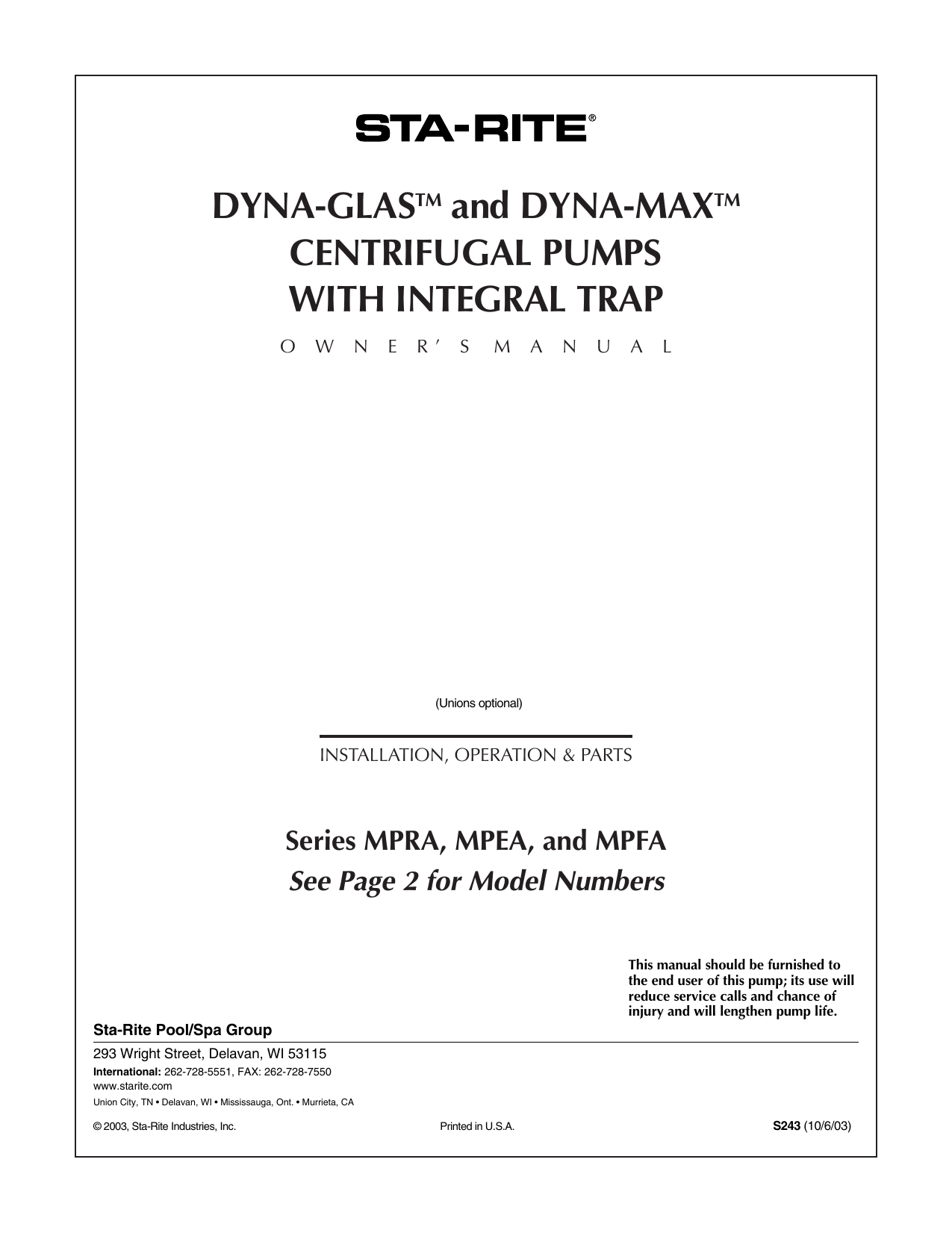 STA-RITE MPEA6E-147L Owner's Manual | Manualzz