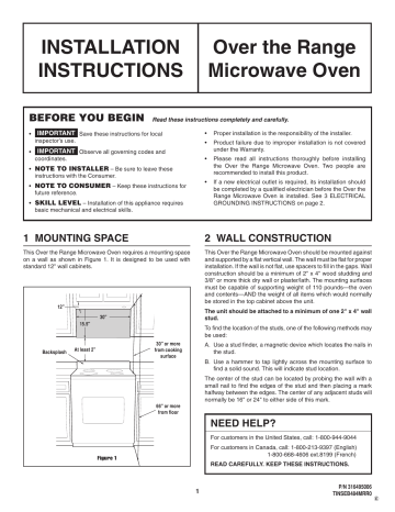 InstallatIon InstructIons over the range Microwave oven | Manualzz