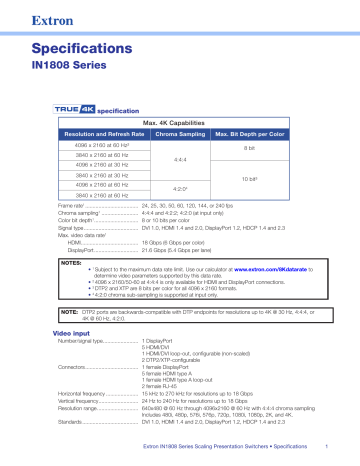 Extron IN1808 Series Specifications | Manualzz