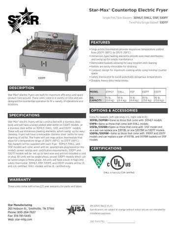 Star 530FF Star-Max® Electric Fryers Spec Sheet | Manualzz