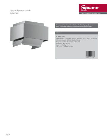 Neff Z51AXC1N6 Clean Air Plus recirculation kit Spec Sheet | Manualzz