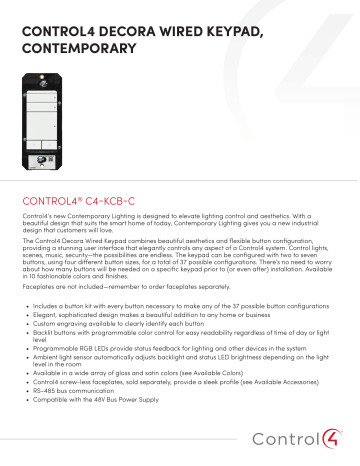 Control4 Decora Wired Keypad, Contemporary Data Sheet | Manualzz