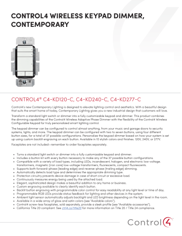 Control4 Wireless Keypad Dimmer, Contemporary Data Sheet | Manualzz