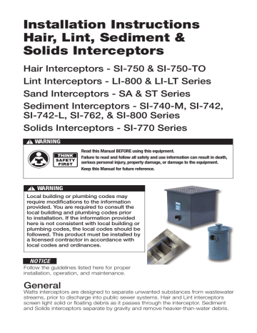 Watts Solids Interceptors Installation Instructions | Manualzz