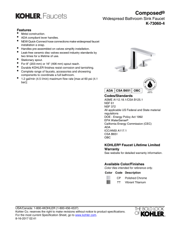 KOHLER 73060-4-CP Composed Polished Chrome 2-Handle Widespread Bathroom Sink Faucet Dimensions ...