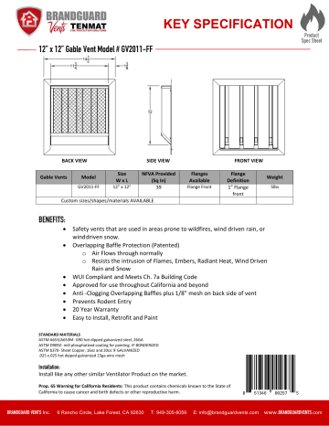 Brandguard Vents GV2011-FF 12-in x 12-in Brandguard Gable Vent Product ...