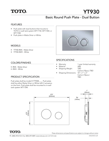 TOTO YT930-WH White Flush Actuator Dimensions Guide | Manualzz
