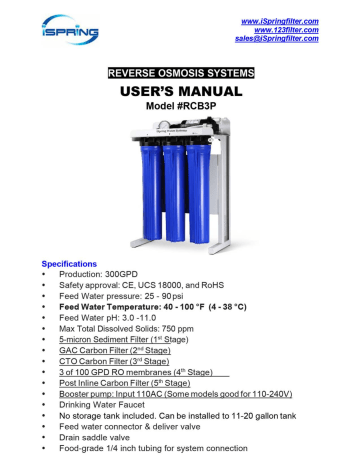 iSpring RCB3P 300GPD Commercial Grade RO Water System Mechanical ...