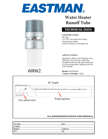 EASTMAN 60062 Water Heater Runoff Tube Installation Manual | Manualzz