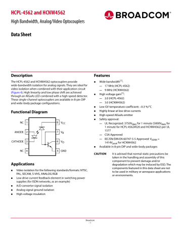 Broadcom HCPL-4562, HCNW4562, High Bandwidth, Analog/Video Optocouplers Specification | Manualzz