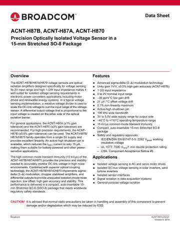 Broadcom ACNT-H870 ACNT-H87B, ACNT-H87A, Precision Optically Isolated Voltage Sensor in a 15-mm ...