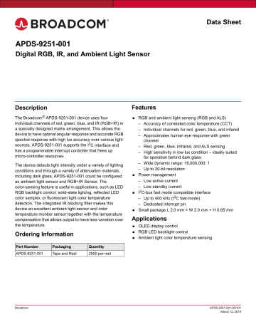 Broadcom APDS-9251-001 Digital RGB, IR, and Ambient Light Sensor Data Sheet Specification | Manualzz