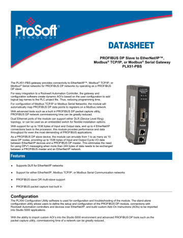 ProSoft Technology PLX51-PBS ProductsPLX51-PBS PROFIBUS DP Slave to EtherNet/IP™, Modbus® TCP/IP ...
