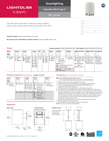 Lightolier Calculite LED 6" cylinder gen 3 Specifications | Manualzz