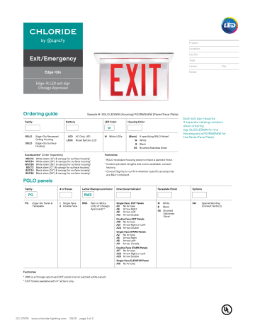 Chloride Edge-Glo Edge-Lit LED Exit Sign Specifications | Manualzz