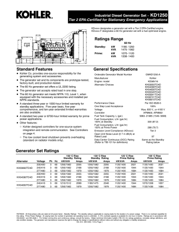 Kohler KD1250-A Industrial Diesel Generator Specification Sheet | Manualzz
