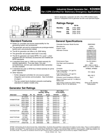 Kohler KD2800 Industrial Diesel Generator Specification Sheet | Manualzz