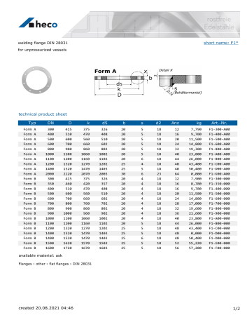 Heco F1.F1. welding flange DIN 28031 Specification | Manualzz