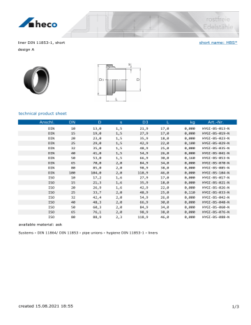 heco HBSHBS liner DIN 11853-1, short Spec Sheet | Manualzz