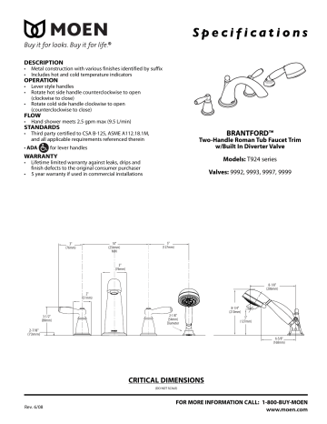 Moen BRANTFORD T924 Series Specifications | Manualzz