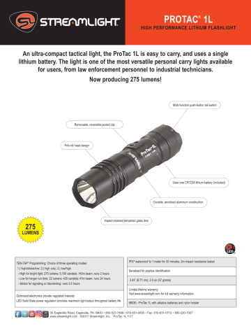 Streamlight PROTAC® 1L FLASHLIGHT Data Sheet | Manualzz