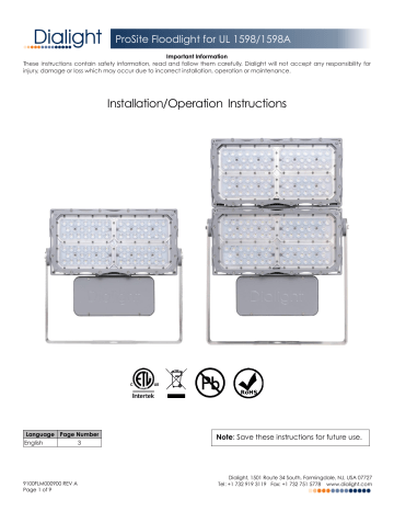 Dialight UL ProSite LED Floodlight Installation manual | Manualzz