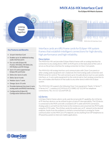 Clear-Com Eclipse HX MVX-A16 Card Spec Sheet | Manualzz