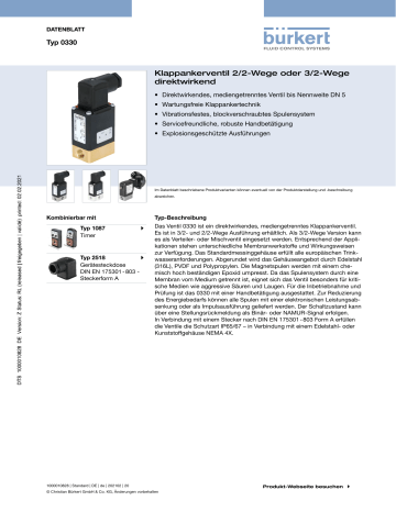 Burkert 0330 Direct-acting 2/2 or 3/2-way pivoted armature valve Datenblatt | Manualzz