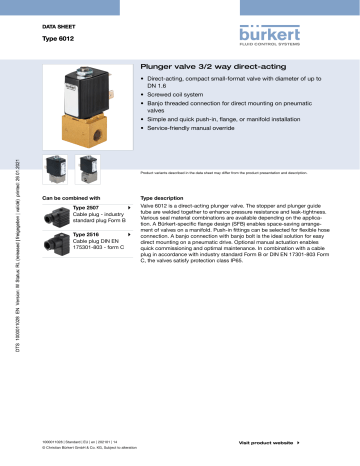 Burkert 6012 Plunger valve 3/2 way direct-acting Data Sheet | Manualzz