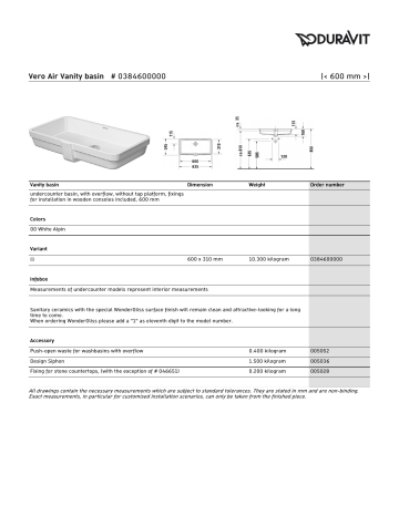 Duravit 038460 Vero Air Vanity basin Specification Manual | Manualzz