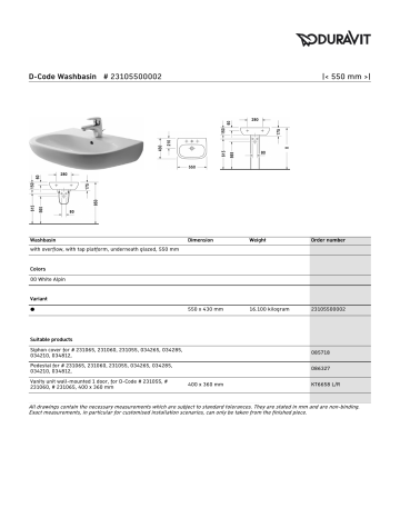 Duravit 231055 D-Code Washbasin Specification Manual | Manualzz