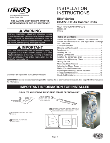 Lennox CBA27UHE Air Handler Installation Instructions | Manualzz
