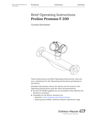 Endres+Hauser Proline Promass F 200 Brief Short Instruction | Manualzz