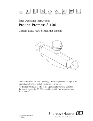 Endres+Hauser Proline Promass S 100 Brief Short Instruction | Manualzz