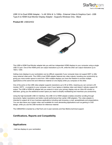 StarTech.com USB32HD2 USB 3.0 to Dual HDMI Adapter Datasheet | Manualzz