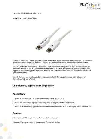 StarTech.com TBOLTMM2MW 2m White Thunderbolt Cable Datasheet | Manualzz