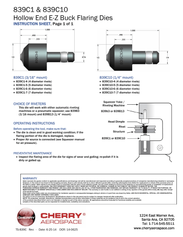 Cherry Aerospace 839C Flaring Dies Installation Manual | Manualzz