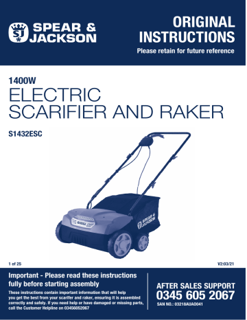 Spear & Jackson S1432ESC 1400W RAKE & SCARIFIER Owner's Manual | Manualzz