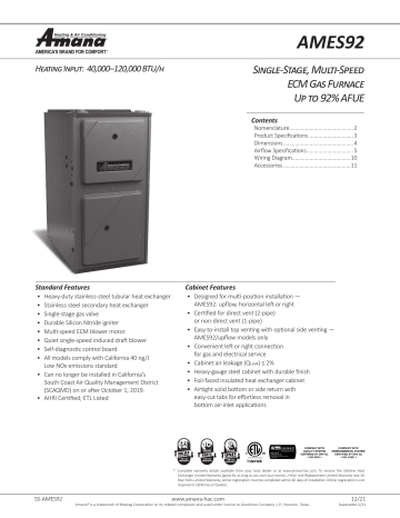 Amana AMES92 Gas Furnace Product Spec | Manualzz