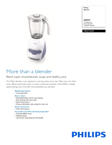 Philips HR2115/01 Blender Product datasheet | Manualzz