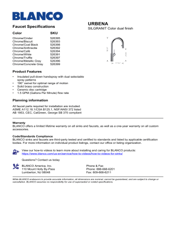 Blanco 526391 Single Lever Pull-Down Kitchen Faucet Spec Sheet | Manualzz
