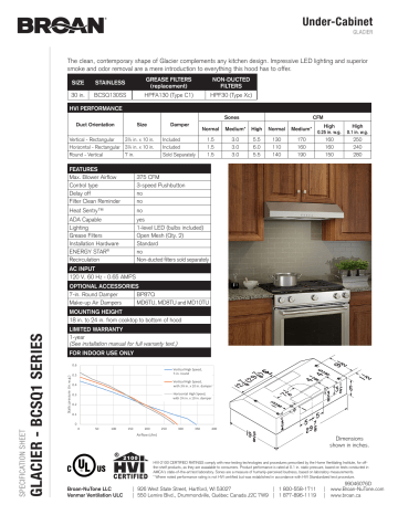 Broan BCSQ130SS 30 Inch Under Cabinet Range Hood Spec Sheet | Manualzz