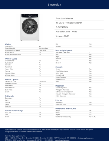 Electrolux ELFW7437AW 27 Inch Front Load Washer Spec Sheet | Manualzz