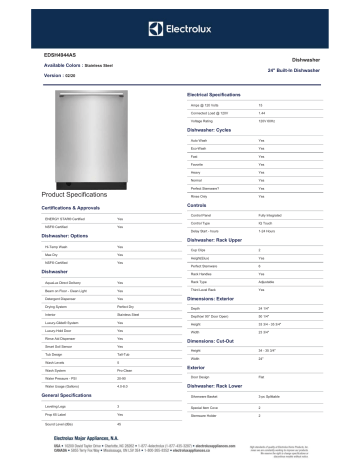 Electrolux EDSH4944AS 24 Inch Fully Integrated Dishwasher Spec Sheet ...