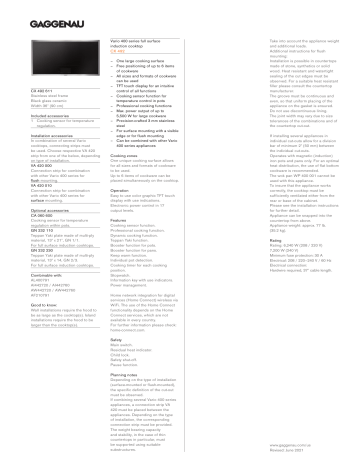 Gaggenau CX492611 Induction Smart Cooktop Spec Sheet | Manualzz