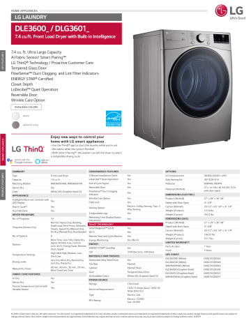LG DLE3600W 27 Inch Electric Smart Dryer Spec Sheet | Manualzz